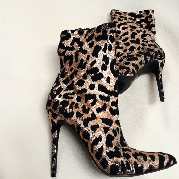 JustFab | Shoes | Shylan Leopard Print Stiletto Bootie Metallic Gold ...